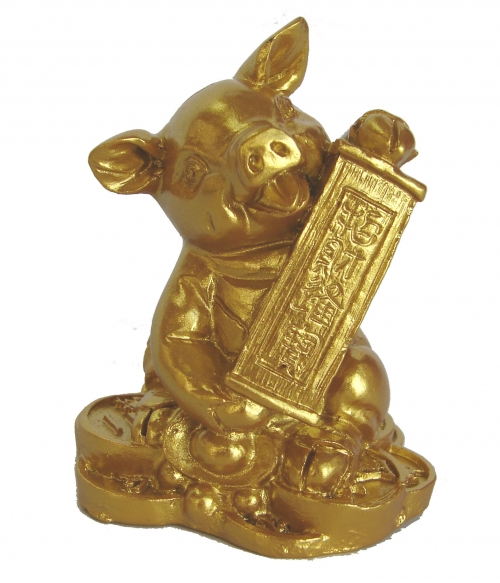 Small Golden Pig Statue Holding Scroll for Lunar Year of Pig