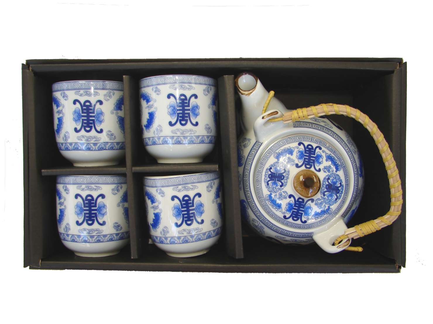 Chinese Style Blue Tea Set with Cups and Teapot with Longevity Symbol