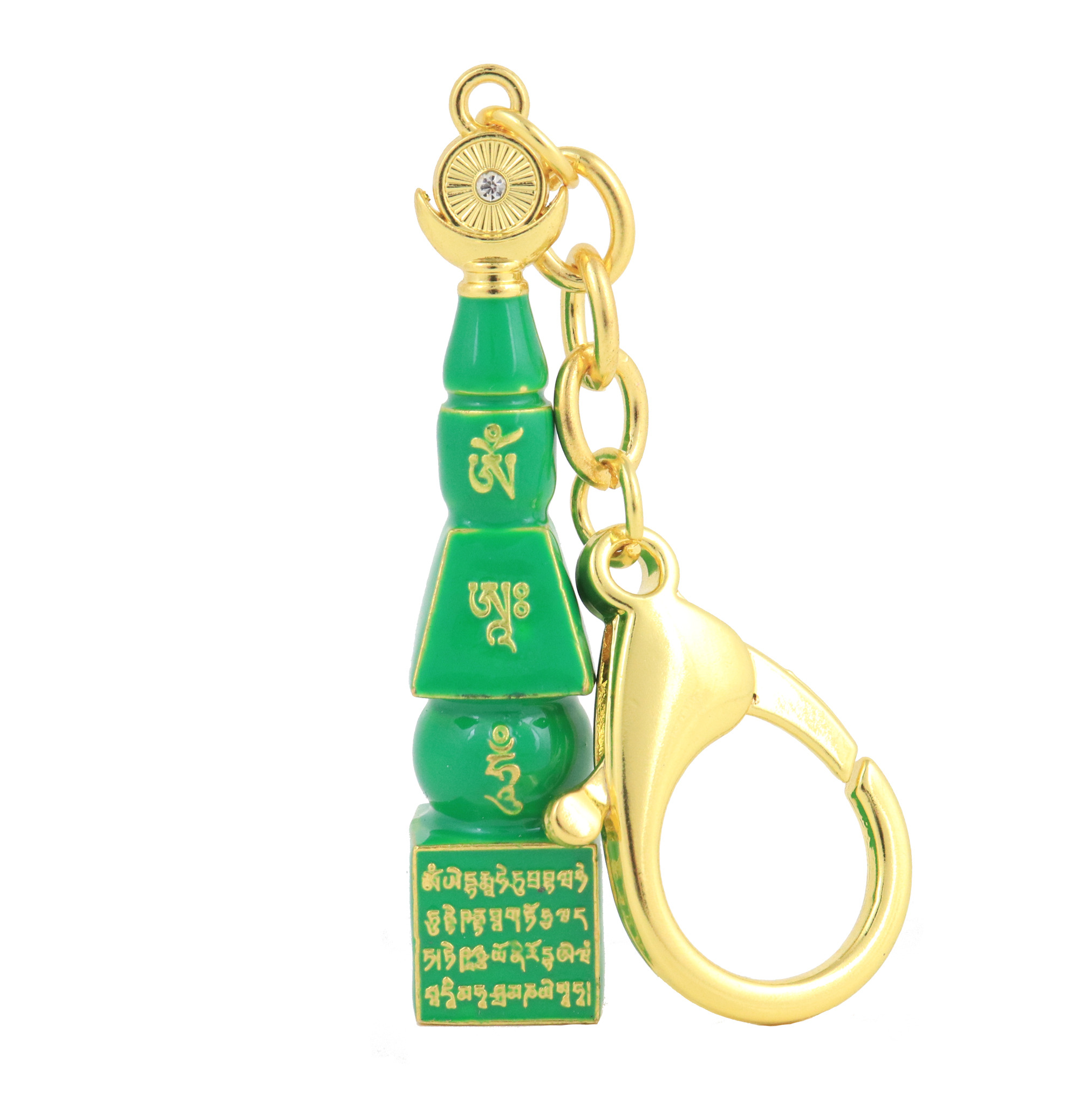 Feng Shui Emerald Pagoda with Om Ah Hum Amulet Keychain