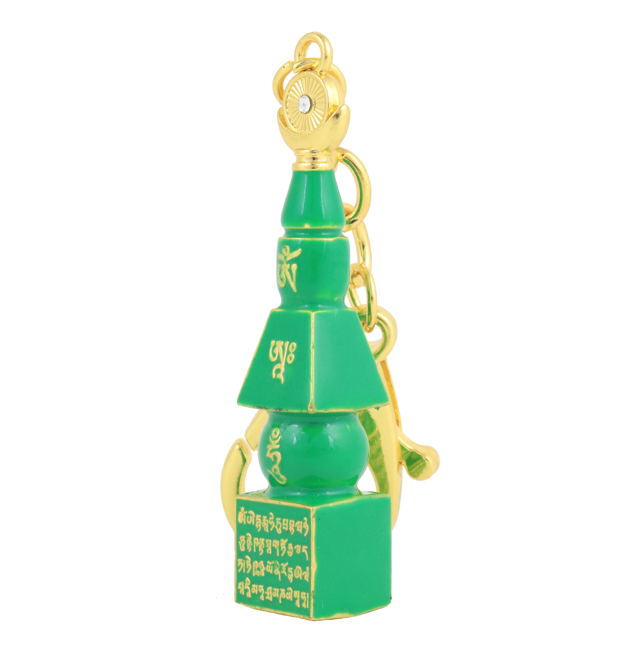 Feng Shui Emerald Pagoda with Om Ah Hum Amulet Keychain
